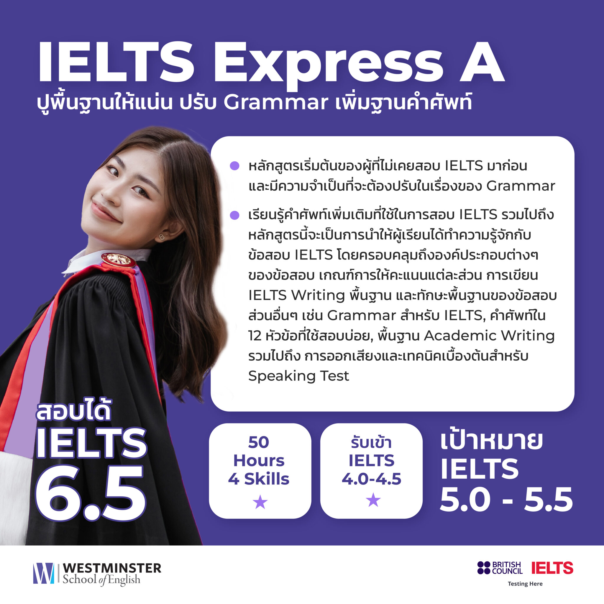 คอร์สเรียน IELTS การันตี 100% ผลสอบ 6.5-8.5 ต่อเนื่อง เรียนสดครู Native